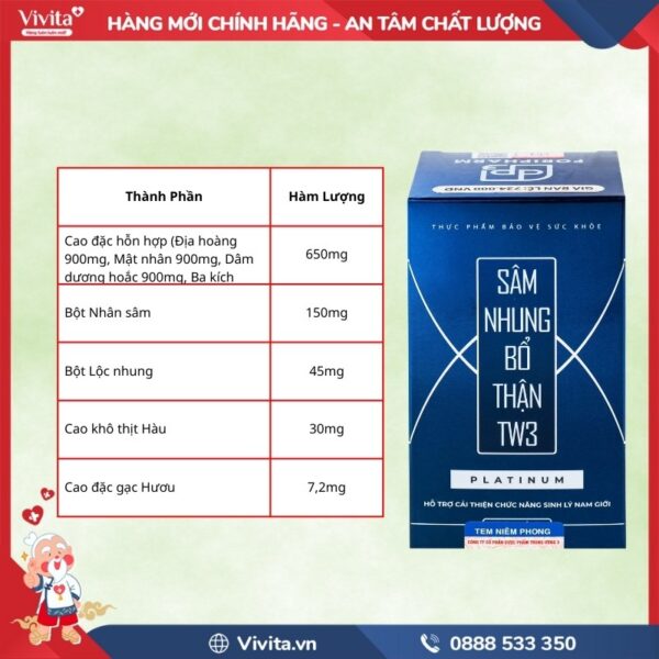 Sâm Nhung Bổ Thận TW3 Platinum Hỗ Trợ Bổ Thận (Hộp 60 viên)